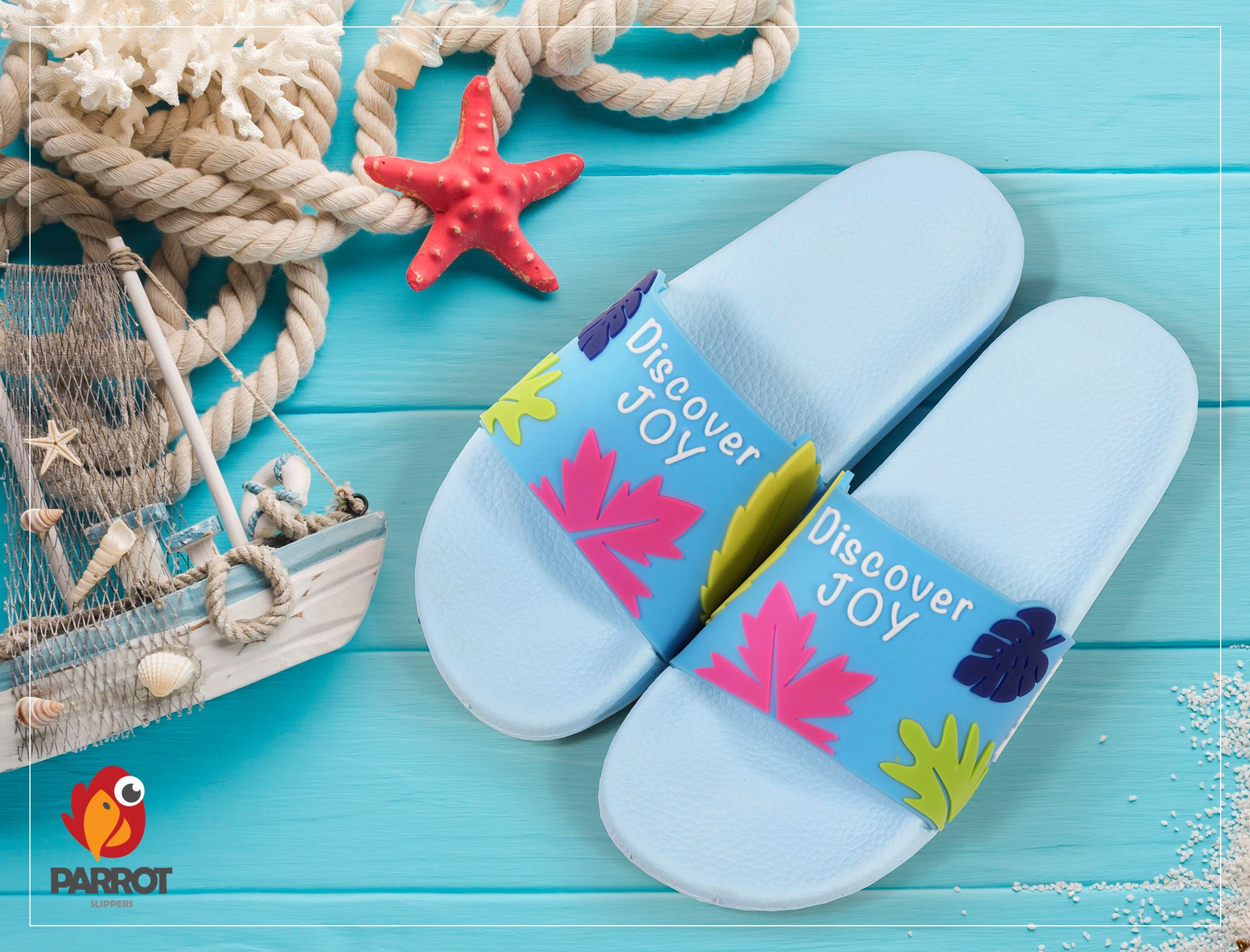 Discover Joy Cyan Slippers - Parrot Slippers